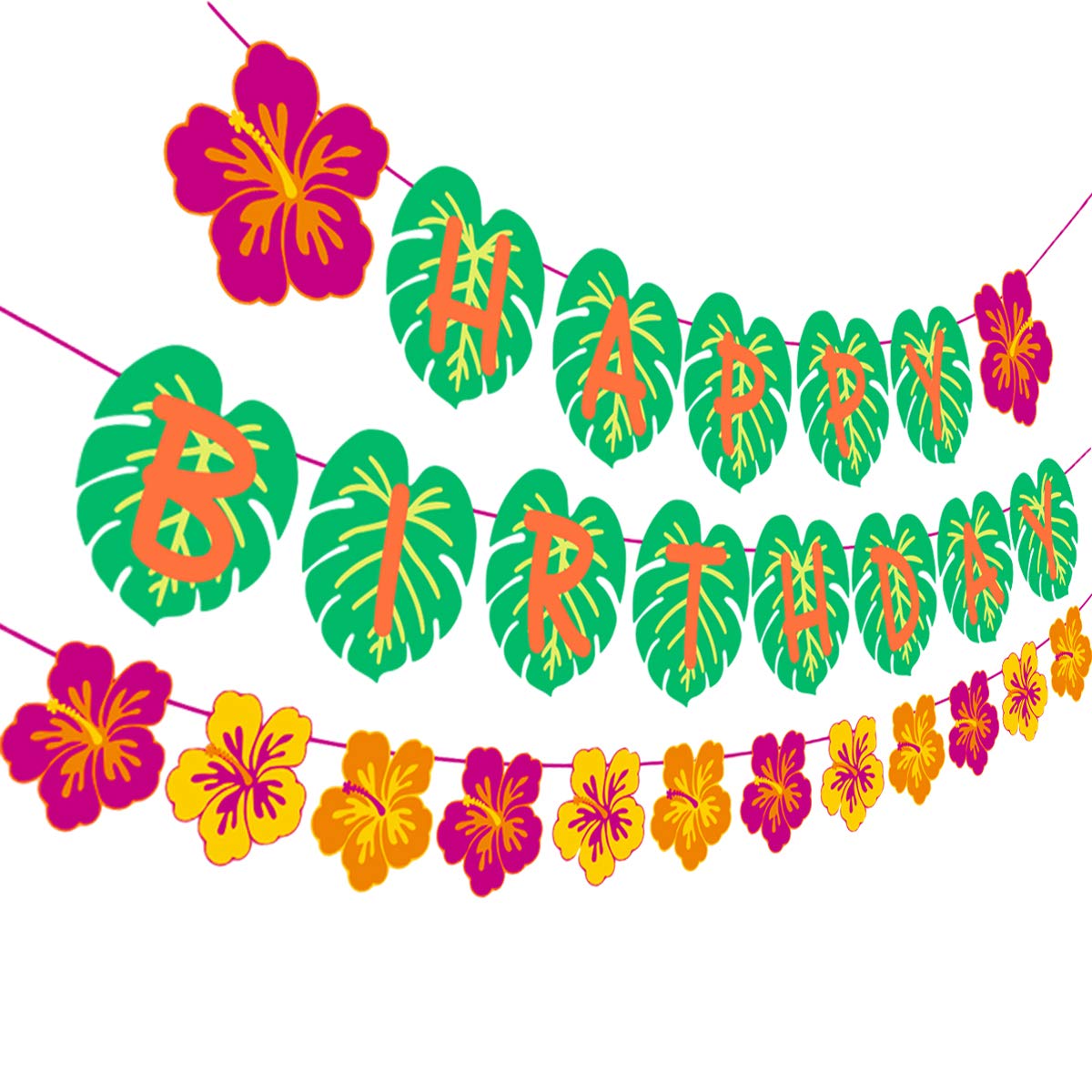 Hawaiian Party Happy Birthday Banner for Tropical Luau Party Palm Leaf Decorations