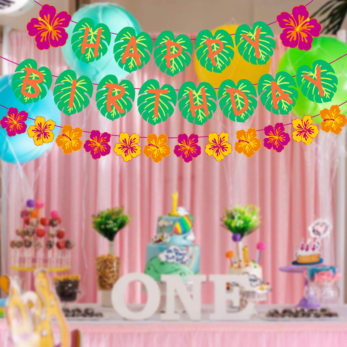 Hawaiian Party Happy Birthday Banner for Tropical Luau Party Palm Leaf Decorations