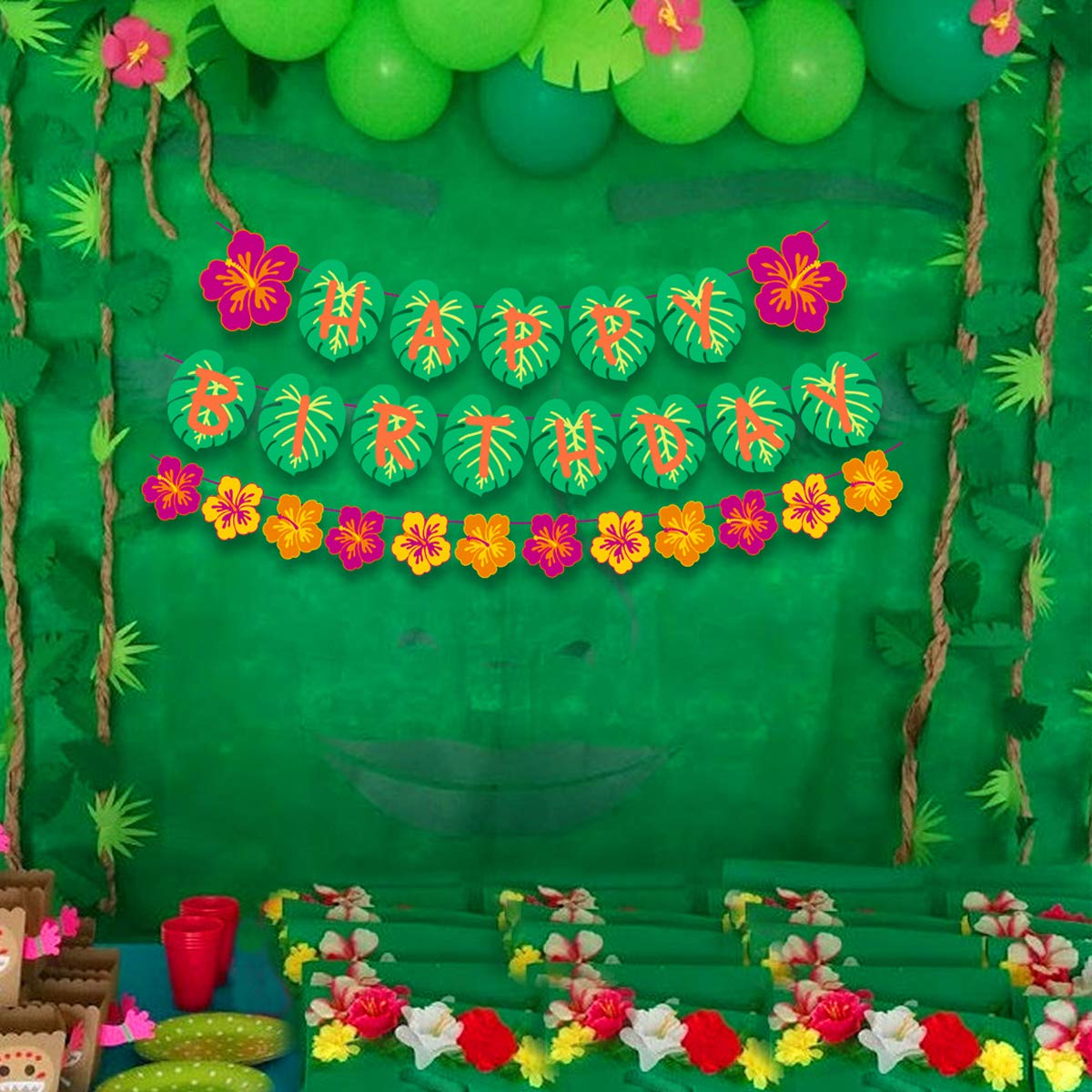 Hawaiian Party Happy Birthday Banner for Tropical Luau Party Palm Leaf Decorations