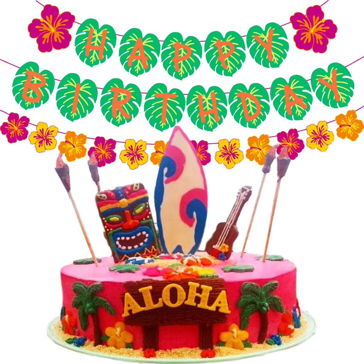 Hawaiian Party Happy Birthday Banner for Tropical Luau Party Palm Leaf Decorations