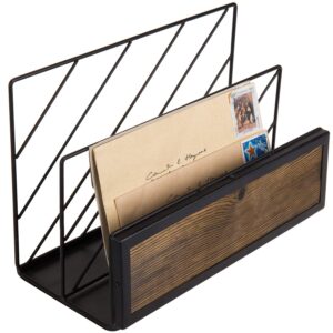 mygift 2 slot black metal office desktop mail holder organizer with burnt solid wood base and front panel accent, document file folder and magazine holder rack