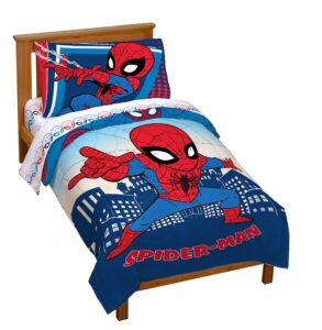 jay franco marvel super hero adventures go spidey 4 piece toddler bed set – super soft microfiber bed set includes toddler size comforter & sheet set - bedding features spiderman