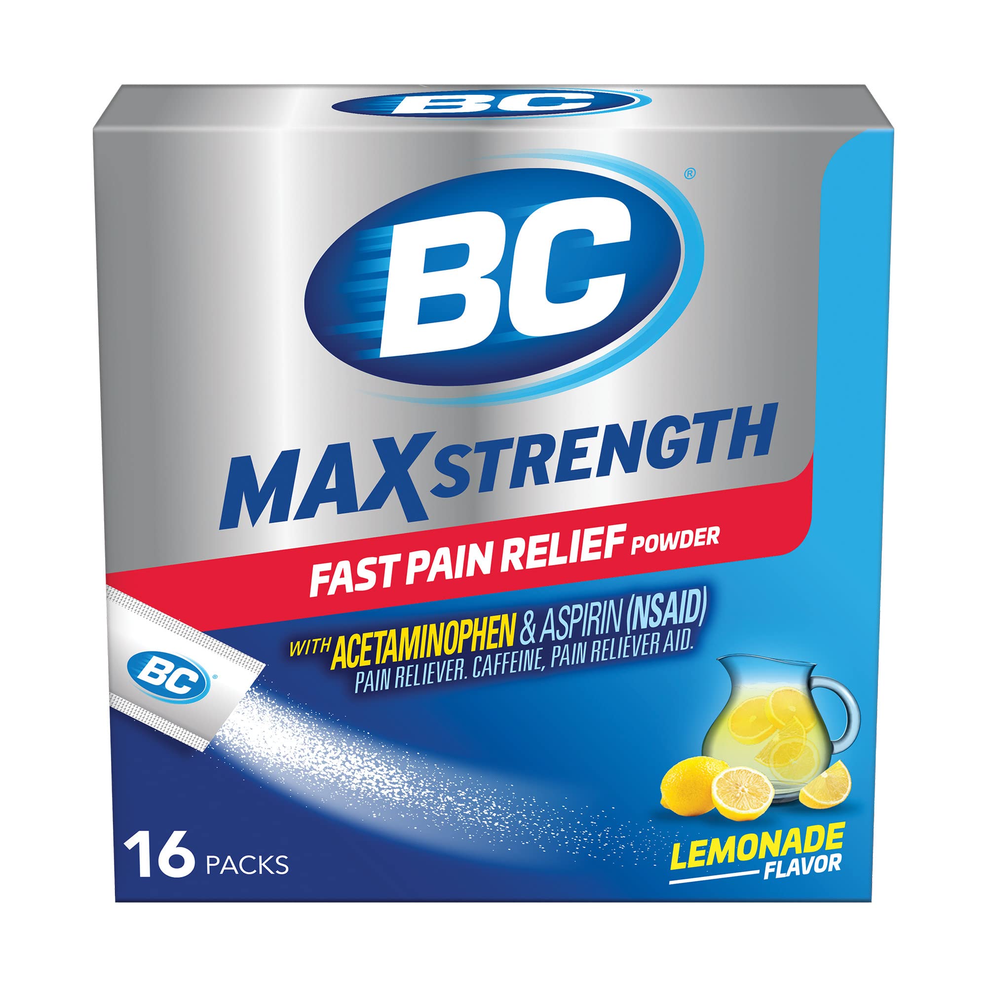 BC MAX Strength Fast Pain Relief Powder, Lemonade Flavor Aspirin 500mg and Acetaminophen 500mg Dissolve Packs, 16 Count