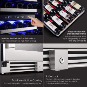 BODEGA 24 Inch Wine Cooler,56 Bottle Wine Refrigerator Dual Zone, Built-In and Freestanding Wine Fridge,with Quick and Silent Cooling System for Red, Rose and Sparkling Wines,Stylish Look