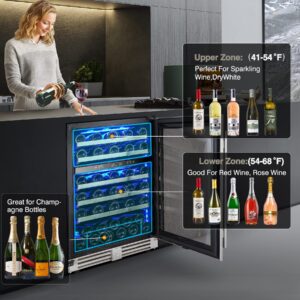 BODEGA 24 Inch Wine Cooler,56 Bottle Wine Refrigerator Dual Zone, Built-In and Freestanding Wine Fridge,with Quick and Silent Cooling System for Red, Rose and Sparkling Wines,Stylish Look