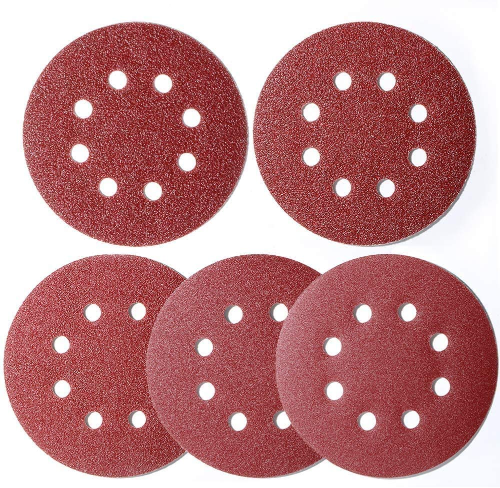 100pcs 5 inch Sanding Discs Hook and Loop, (8 Hole Orbital Sander Sandpaper, 20 x 40/60/80/120/180 Grit Orbital Sander Pads), Round Sandpaper Discs by AniSqui