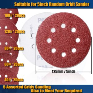 100pcs 5 inch Sanding Discs Hook and Loop, (8 Hole Orbital Sander Sandpaper, 20 x 40/60/80/120/180 Grit Orbital Sander Pads), Round Sandpaper Discs by AniSqui