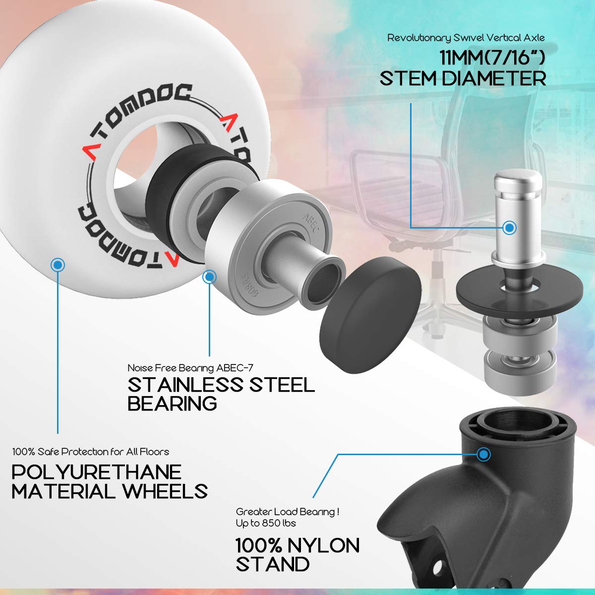 ATOMDOC 2.6" Newly Lightweight Caster Wheels, Universal Office Chair Caster Wheels, Revolutionary Swivel Vertical Axle, Heavy Duty Office Chair casters,Safe Protection for All Floors