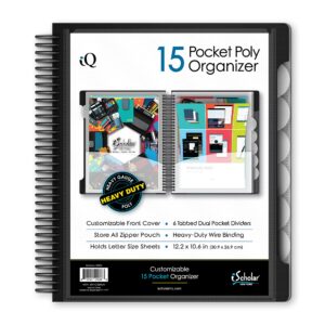 ischolar iq+ 15 pocket organizer, 12.2 x 11 inches, tabbed dividers, black (39906-bk)