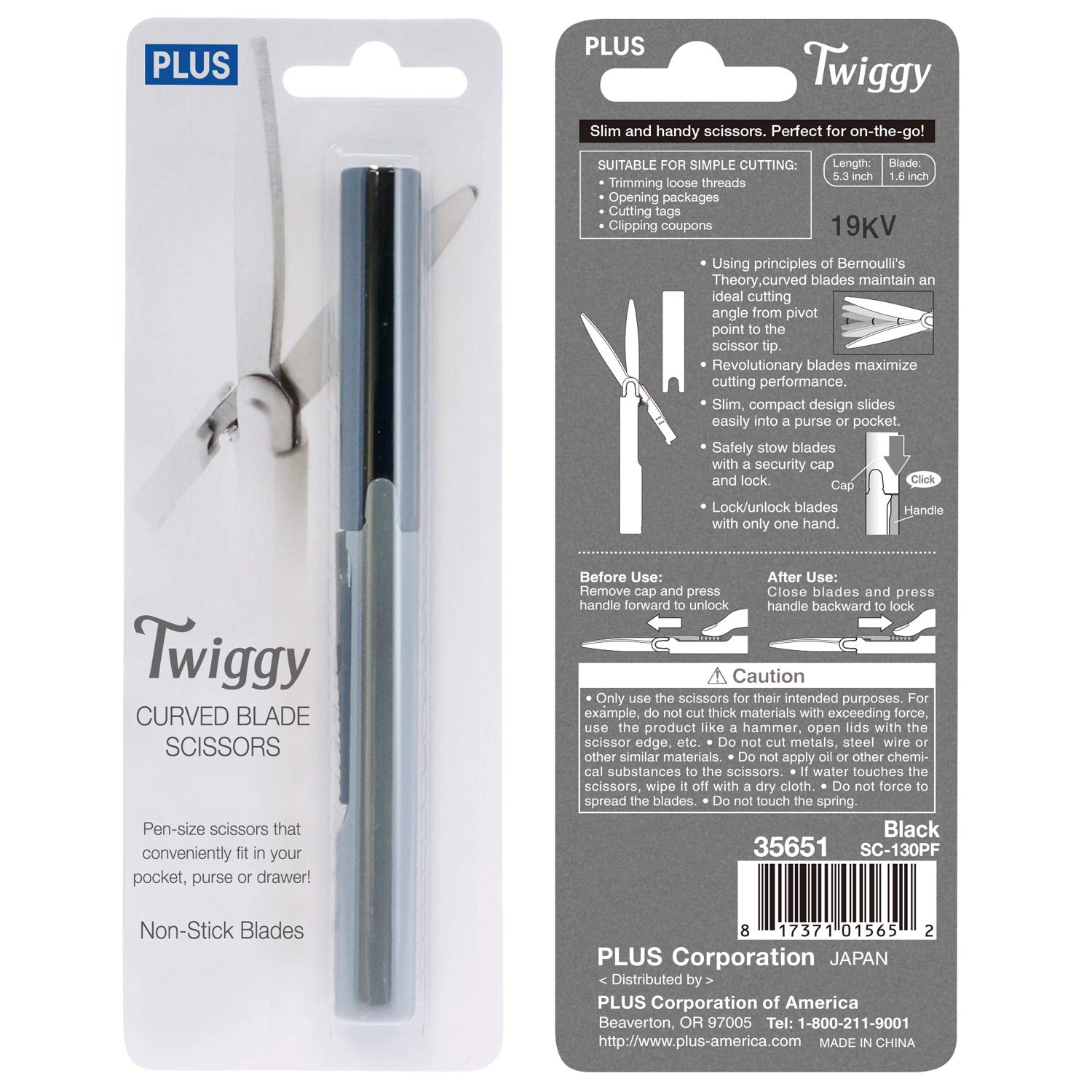 Plus Pen Style Non Stick Compact TSA Twiggy Scissors with Cover Charcoal