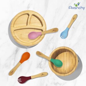 Avanchy Bamboo Baby Plate, Bowl & Spoons Set - Baby Cutlery - Bamboo Kids Bowl - BPA Free Bowl - Bamboo Kids Utensils - Bamboo Kids Bowl (Green Essentials)