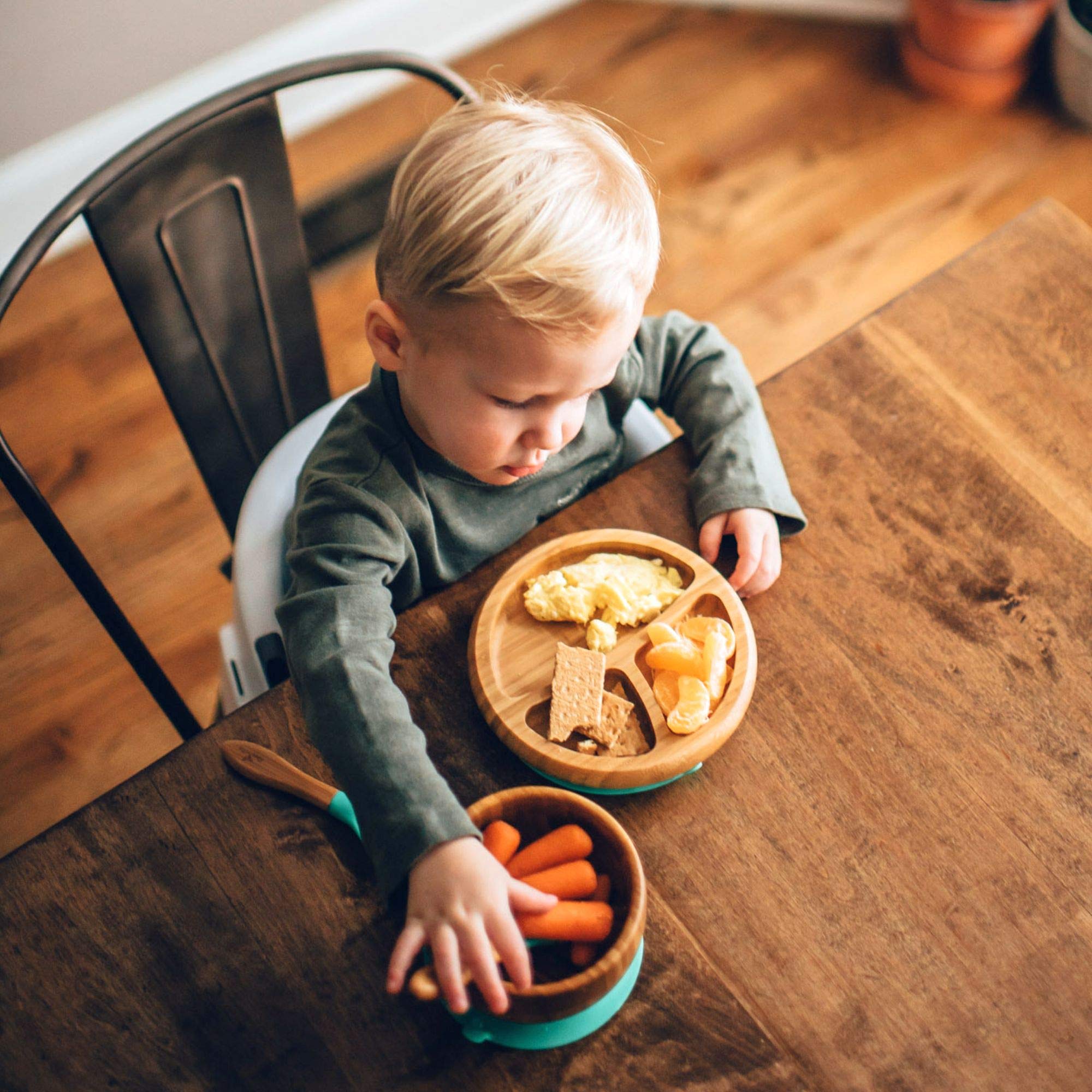 Avanchy Bamboo Baby Plate, Bowl & Spoons Set - Baby Cutlery - Bamboo Kids Bowl - BPA Free Bowl - Bamboo Kids Utensils - Bamboo Kids Bowl (Green Essentials)