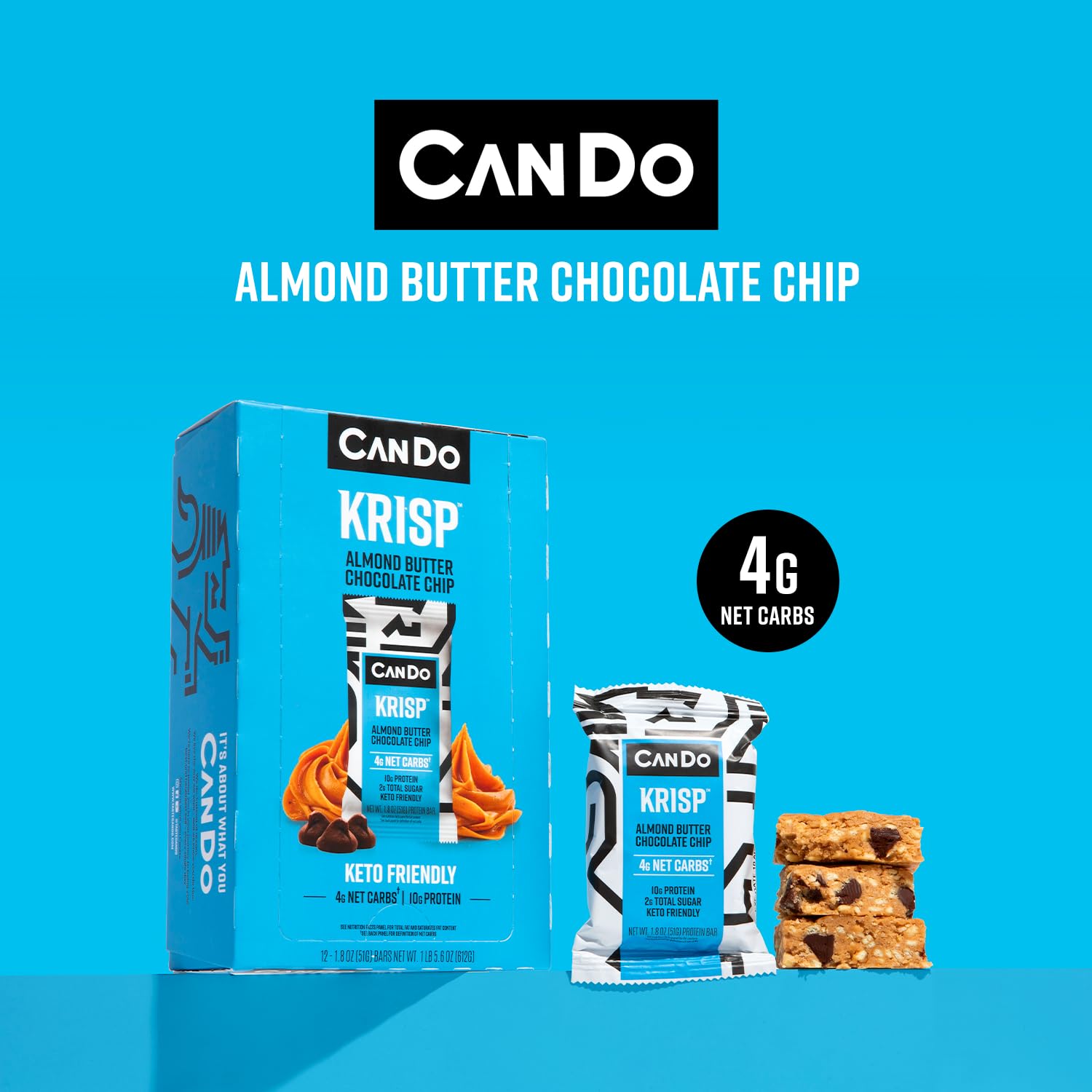 CanDo Krisp - Keto Snack & Keto Bar (12 Pack, Almond Butter Chocolate Chip) - Low-Carb Snack, Low-Sugar High Protein Bar - Gluten-Free Crispy, Perfectly Delicious Healthy Meal Replacement - Keto Krisp