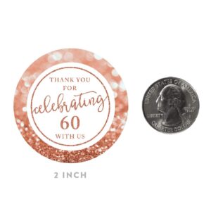 Andaz Press Glitzy Faux Rose Gold Glitter Round Sticker Labels, Thank You for Celebrating 60 with Us, 60th Birthday or Anniversary, 40-Pack