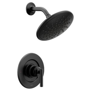 moen gibson matte black pressure balancing modern shower trim with wide eco-performance rain shower head and shower lever handle (posi-temp valve required), t3002epbl