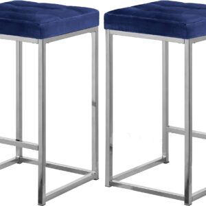 Meridian Furniture Nicola Collection Modern | Contemporary Upholstered Counter Height Stool with Tufted Seat and Durable Steel Base, Set of 2, Navy Velvet, 15" W x 15" D x 26.5" H