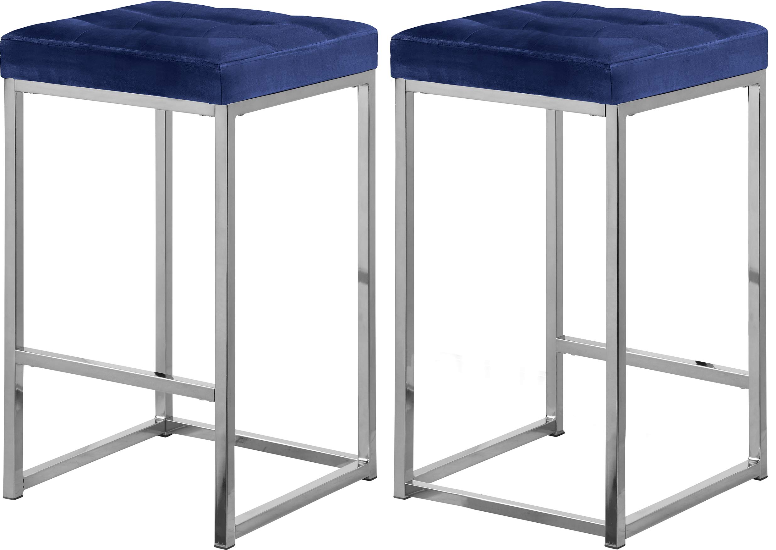 Meridian Furniture Nicola Collection Modern | Contemporary Upholstered Counter Height Stool with Tufted Seat and Durable Steel Base, Set of 2, Navy Velvet, 15" W x 15" D x 26.5" H