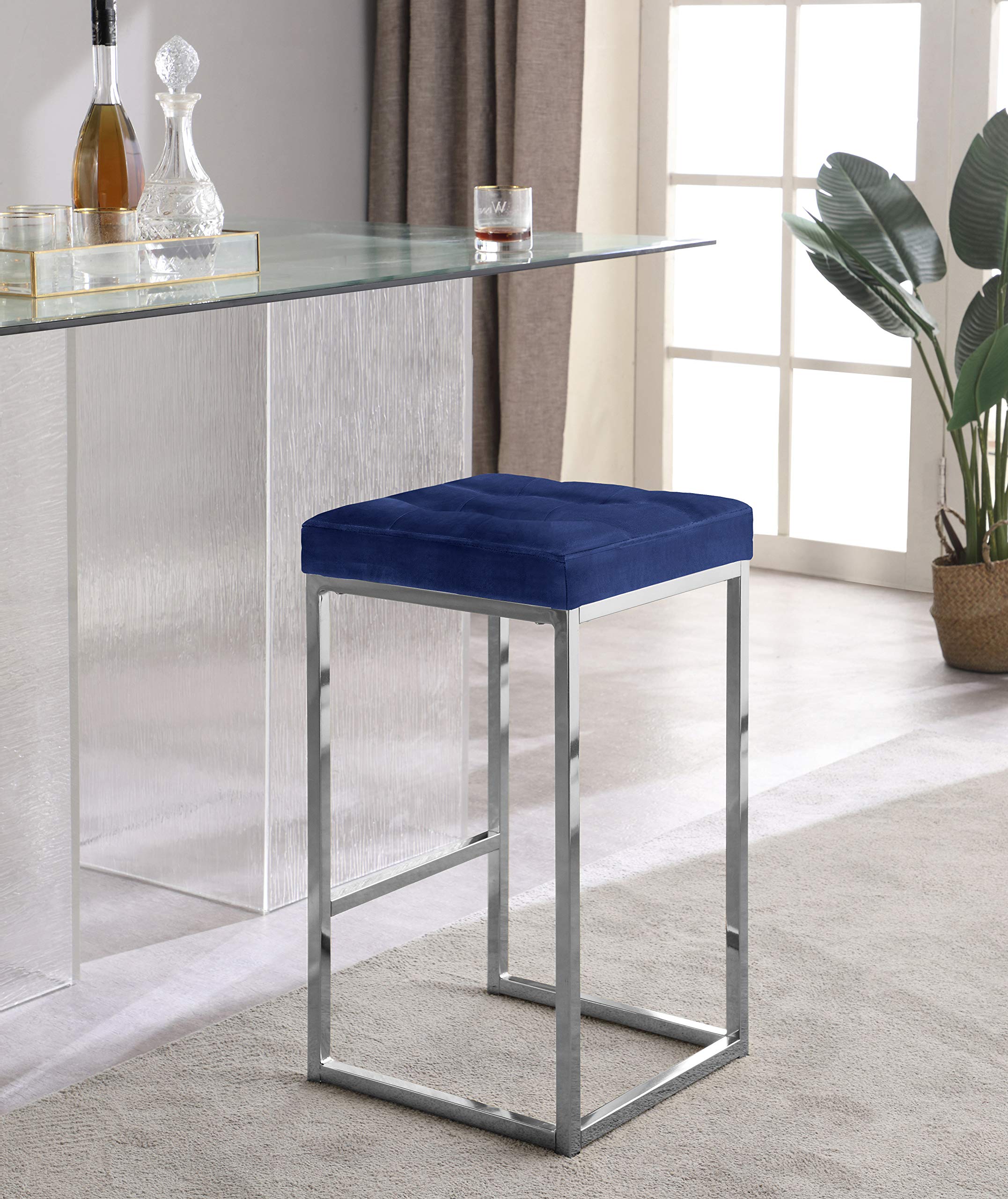 Meridian Furniture Nicola Collection Modern | Contemporary Upholstered Counter Height Stool with Tufted Seat and Durable Steel Base, Set of 2, Navy Velvet, 15" W x 15" D x 26.5" H