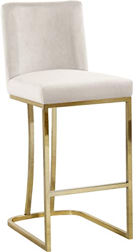 Meridian Furniture Heidi Collection Modern | Contemporary Velvet Upholstered Counter Stool with Polished Gold Metal Frame, Cream, 16" W x 19.5" D x 36.5" H