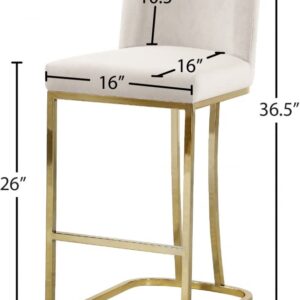 Meridian Furniture Heidi Collection Modern | Contemporary Velvet Upholstered Counter Stool with Polished Gold Metal Frame, Cream, 16" W x 19.5" D x 36.5" H