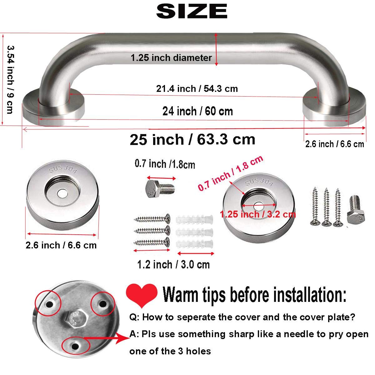 2 Pack 24 Inch Shower Grab Bar, ZUEXT Satin Brushed Nickel Stainless Steel Bathroom Grab Bar, Shower Balance Bar,Safety Hand Rail Support,Handicap Elderly Senior Assist Bath Handle(1.25" Diameter)