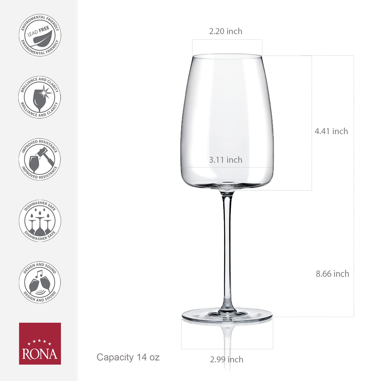 RONA Lord 42 Wine Glass | 14 oz. | Set of 6 | Lord Collection | Party Set & White Wine Glasses | Crystalline Glass | Ideal for Home, Restaurant, Party, Wedding, Wine | Made in Europe |