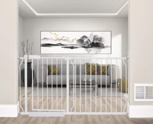 allaibb extra wide pressure mounted baby gate walk through child kids safety toddler white long large pet dog gates with extension for doorways kitchen and living room (57.48-62.20"/146-158cm)