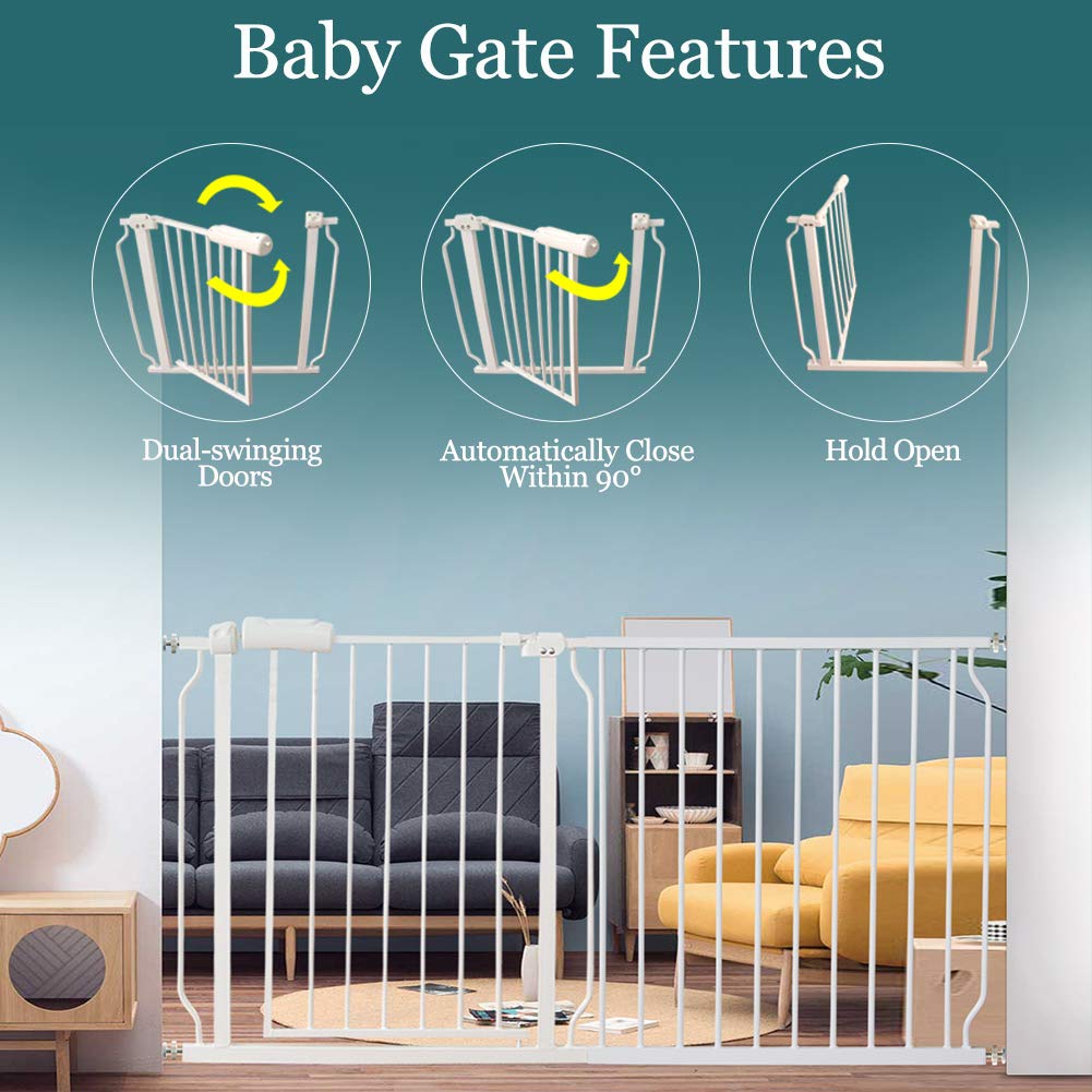 ALLAIBB Extra Wide Pressure Mounted Baby Gate Walk Through Child Kids Safety Toddler White Long Large Pet Dog Gates with Extension for doorways Kitchen and Living Room (57.48-62.20"/146-158cm)