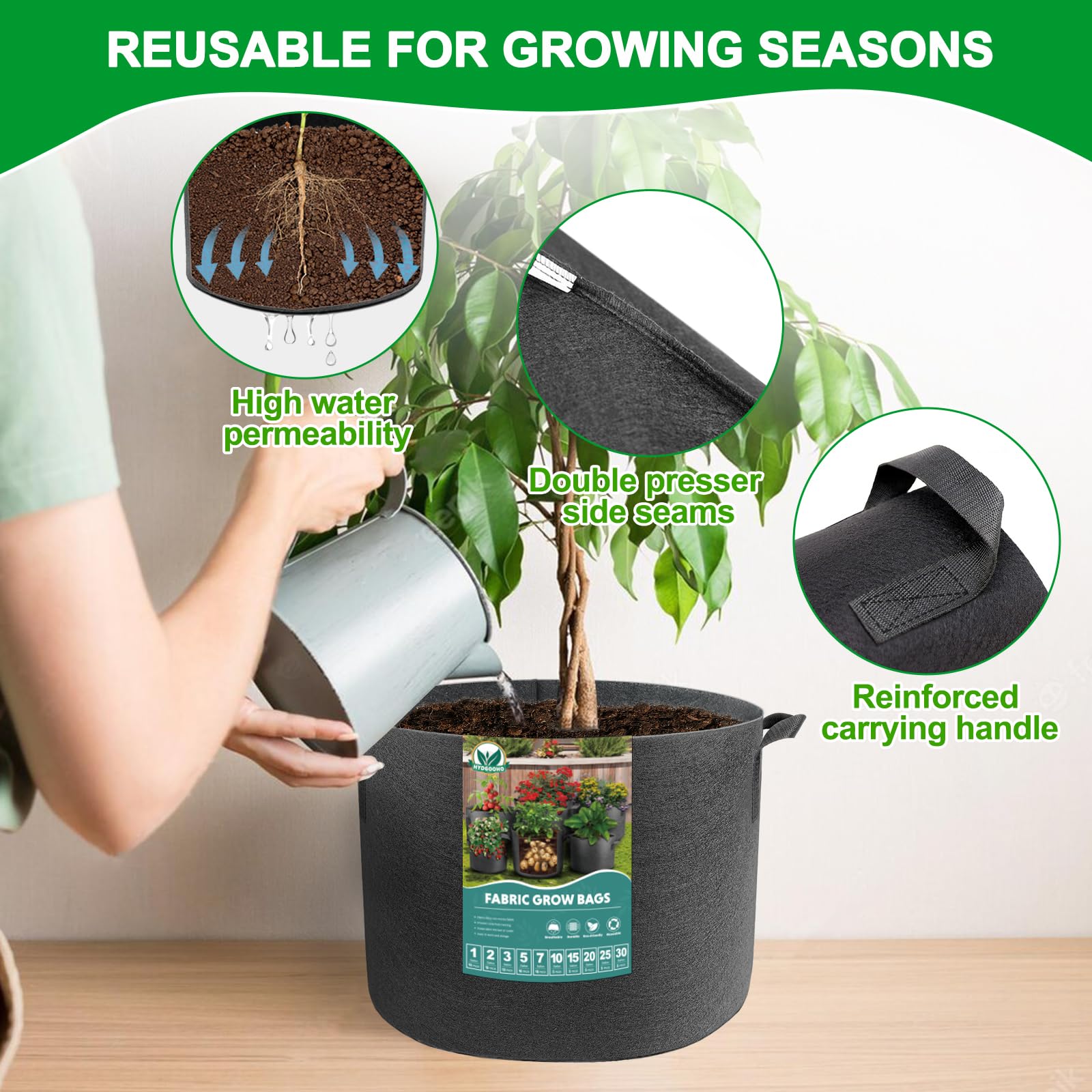 HYDGOOHO Plant Grow Bags 10 Gallons-5 Pack Multi-Purpose Nonwoven Fabric Pots with Durable Handles,Outdoor Garden Plant Pots for Vegetables Fruits Flowers Herb Succulent Bonsai Plants (Black)