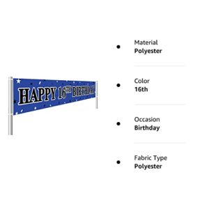 Large Happy 16th Birthday Banner, 16 Years Old Birthday Party Sign Blue, 16th Birthday Party Supplies Decorations (9.8 x 1.6 ft)