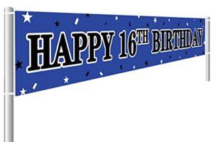 large happy 16th birthday banner, 16 years old birthday party sign blue, 16th birthday party supplies decorations (9.8 x 1.6 ft)