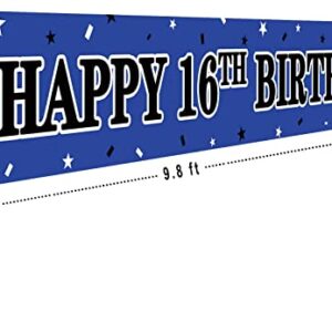 Large Happy 16th Birthday Banner, 16 Years Old Birthday Party Sign Blue, 16th Birthday Party Supplies Decorations (9.8 x 1.6 ft)