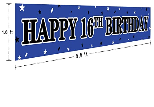 Large Happy 16th Birthday Banner, 16 Years Old Birthday Party Sign Blue, 16th Birthday Party Supplies Decorations (9.8 x 1.6 ft)