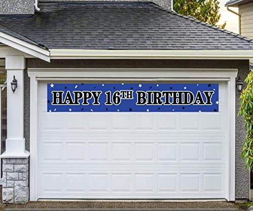 Large Happy 16th Birthday Banner, 16 Years Old Birthday Party Sign Blue, 16th Birthday Party Supplies Decorations (9.8 x 1.6 ft)