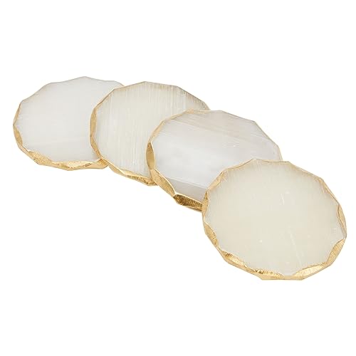 4 Pack Natural Selenite Crystal Coasters for Drinks, Geode Slices with Gold Painted Edge (3.75-4 in)