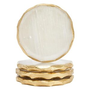 4 pack natural selenite crystal coasters for drinks, geode slices with gold painted edge (3.75-4 in)