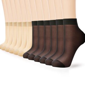 G&Y 12 Pairs Ankle Nylon Socks for Women - 20D Sheer Pantyhose Socks (6 Black & 6 Nude)