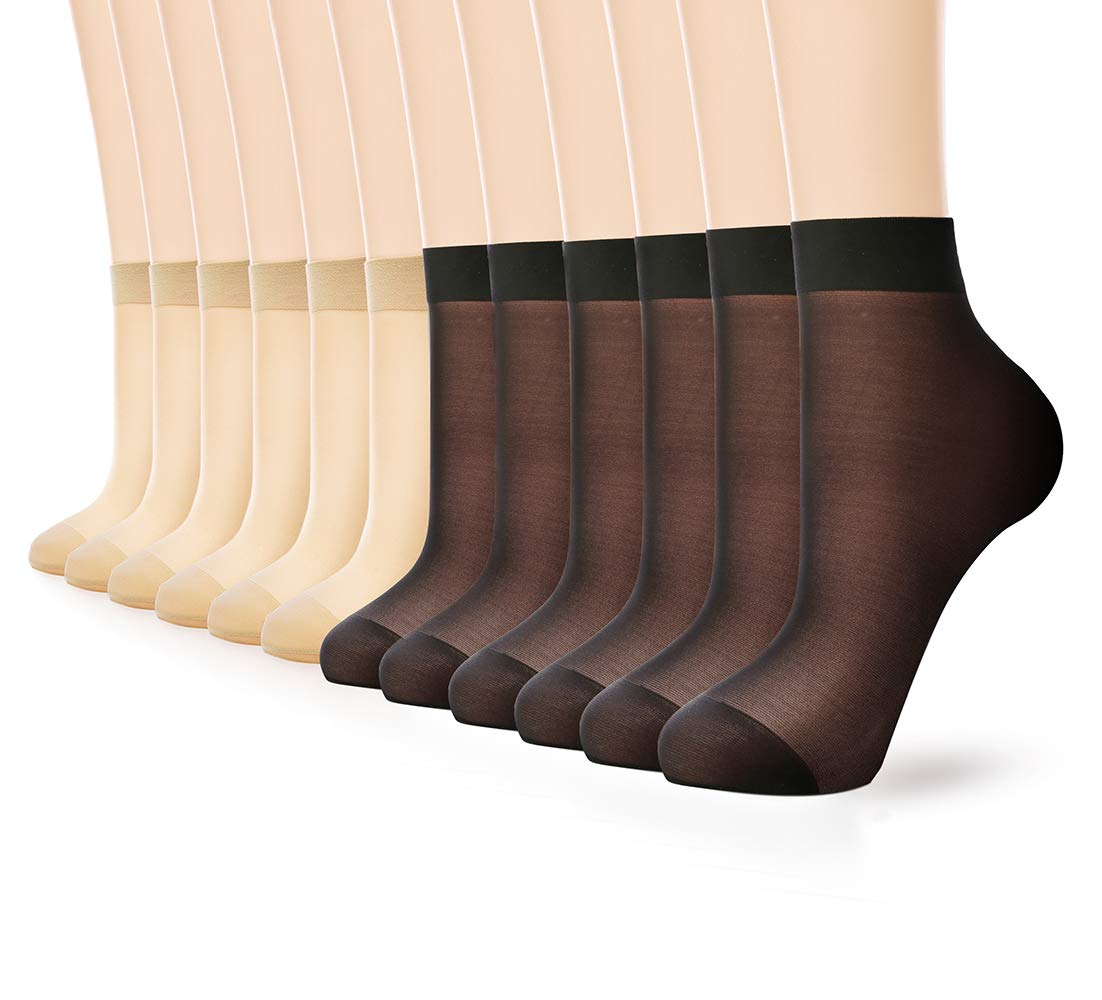 G&Y 12 Pairs Ankle Nylon Socks for Women - 20D Sheer Pantyhose Socks (6 Black & 6 Nude)