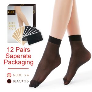 G&Y 12 Pairs Ankle Nylon Socks for Women - 20D Sheer Pantyhose Socks (6 Black & 6 Nude)