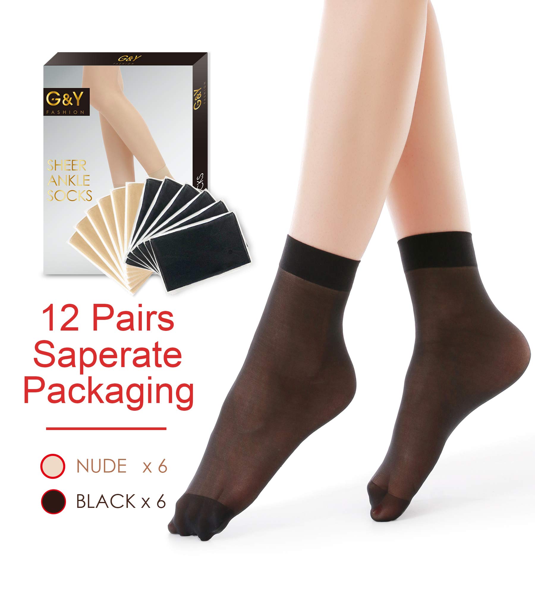 G&Y 12 Pairs Ankle Nylon Socks for Women - 20D Sheer Pantyhose Socks (6 Black & 6 Nude)