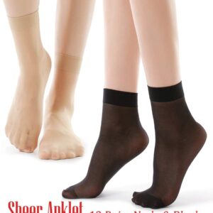 G&Y 12 Pairs Ankle Nylon Socks for Women - 20D Sheer Pantyhose Socks (6 Black & 6 Nude)