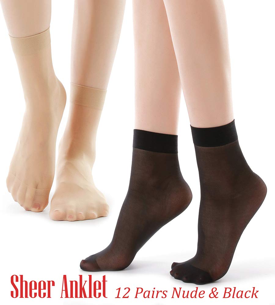 G&Y 12 Pairs Ankle Nylon Socks for Women - 20D Sheer Pantyhose Socks (6 Black & 6 Nude)