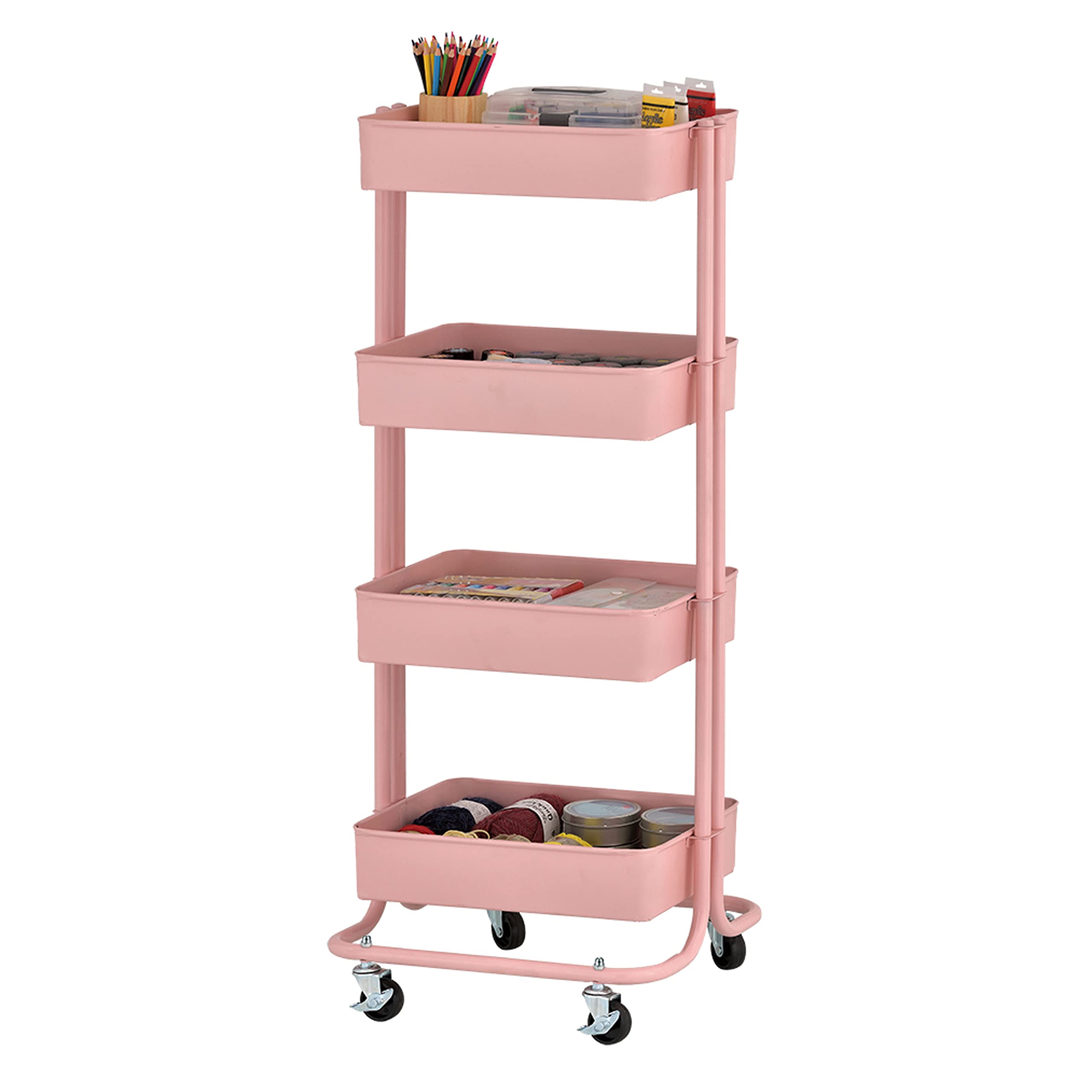 ECR4Kids 4-Tier Metal Rolling Utility Cart, Multipurpose Storage, Pink