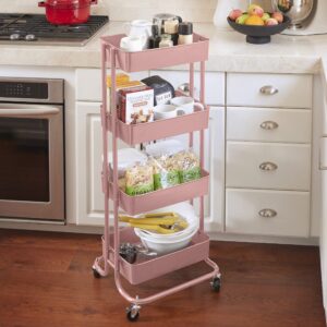 ECR4Kids 4-Tier Metal Rolling Utility Cart, Multipurpose Storage, Pink