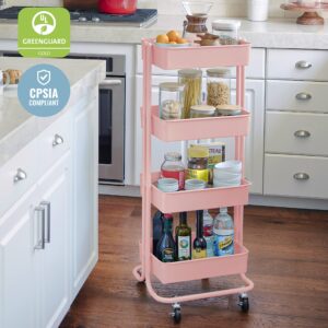 ECR4Kids 4-Tier Metal Rolling Utility Cart, Multipurpose Storage, Pink