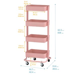 ECR4Kids 4-Tier Metal Rolling Utility Cart, Multipurpose Storage, Pink