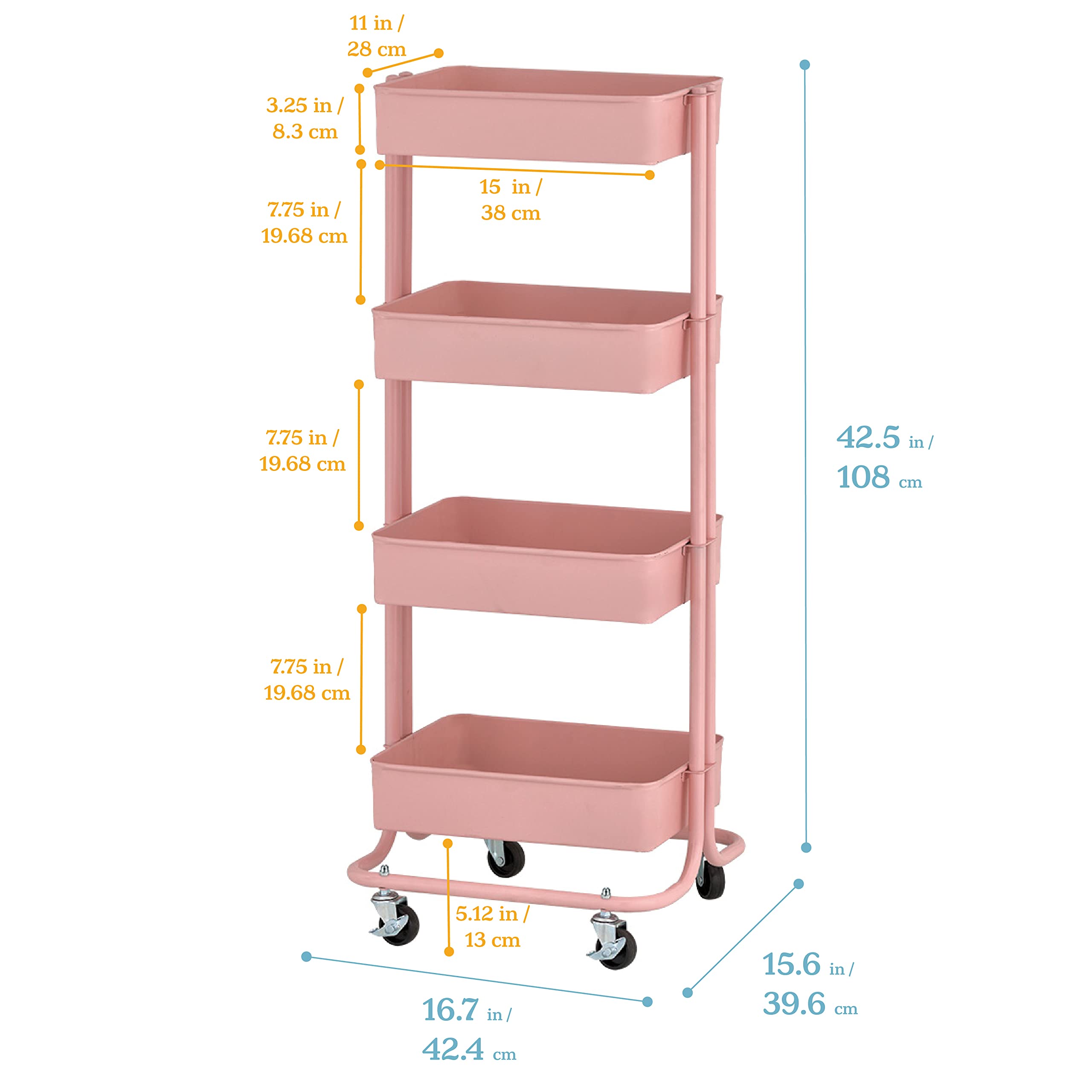 ECR4Kids 4-Tier Metal Rolling Utility Cart, Multipurpose Storage, Pink