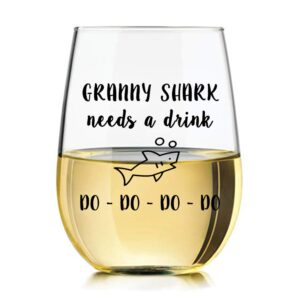 Granny Shark Needs a Drink Do Do Do Do Funny Novelty Libbey Stemless Wine Glass with Sayings - Gifts for Grandmas - For Birthdays & Any Special Occassions