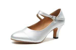 mgm-joymod women's round toe mary janes mid heel leather ballroom practice latin modern dance shoes/silver 8 m us