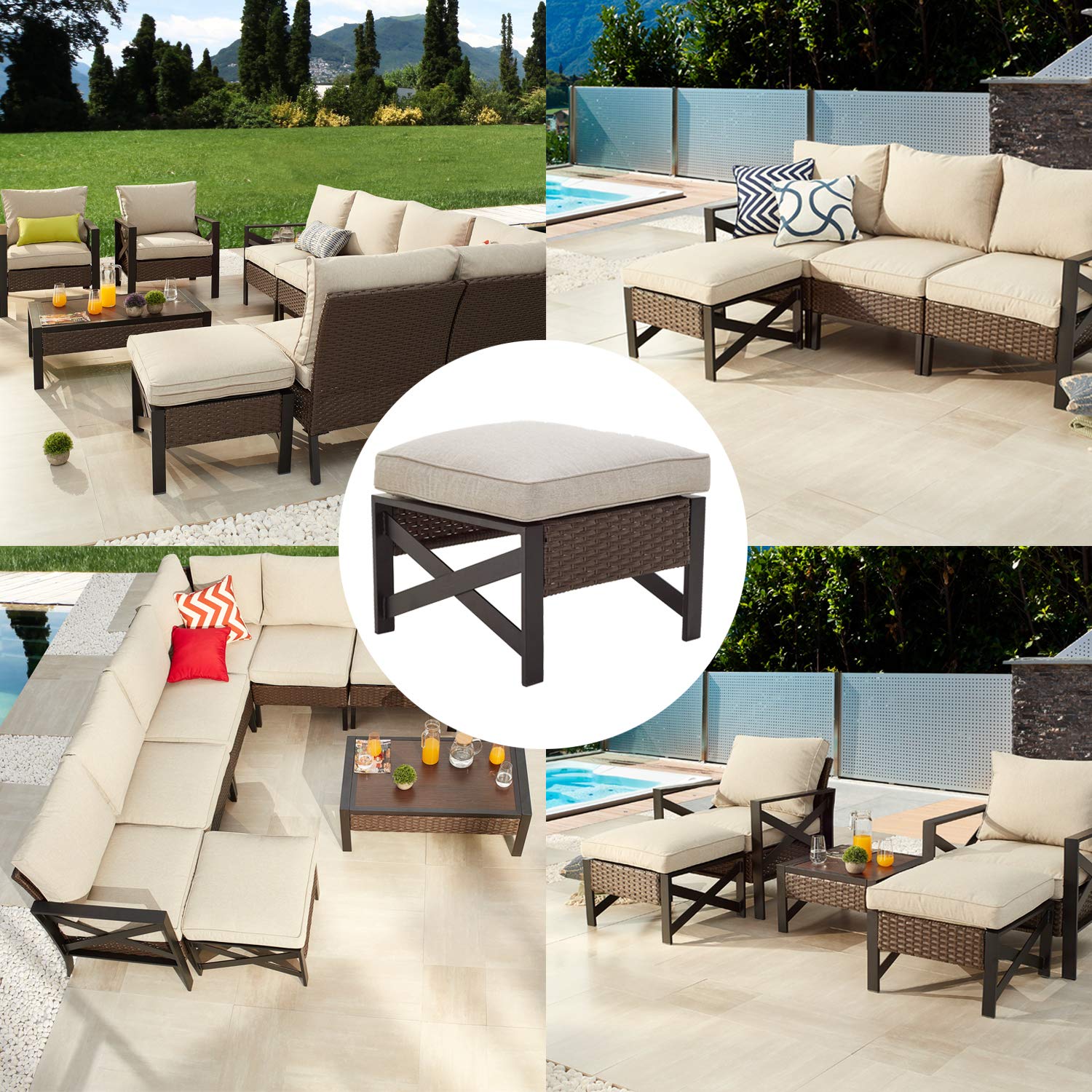 PatioFestival Outdoor Wicker Ottoman Patio Footstool Rattan Furniture Coffee Table All Weather Foot stools Seat with Cushion(Brown)